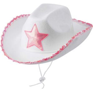 white cowgirl hat - (pack of 2) adult size pink star cowboy hats for women with sequin trim fringe, adjustable neck drawstring, white cowboy hat for costume party, play dress-up fits most women