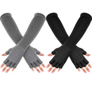 2 pairs winter fingerless gloves long thermal knitted mittens stretchy arm warmers half finger gloves for men women, 11 inch (black, light gray)