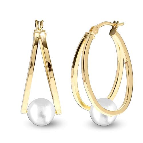 LeCalla 925 Sterling Silver Pearl Double Oval Hoop Earrings for Women