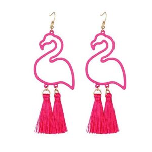 tassel pink flamingo exaggerated long dangle earrings retro creative hollow fashion cute animal bird drop earrings boho trendy elegant handmade flamingo shape jewelry for women -a