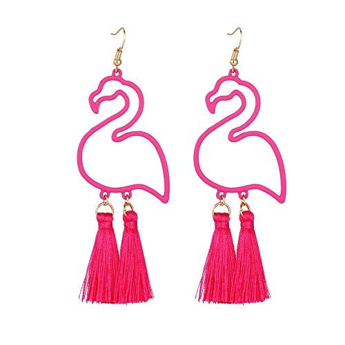 Tassel Pink Flamingo Exaggerated Long Dangle Earrings Retro Creative Hollow Fashion Cute Animal Bird Drop Earrings Boho Trendy Elegant Handmade Flamingo Shape Jewelry for Women -A