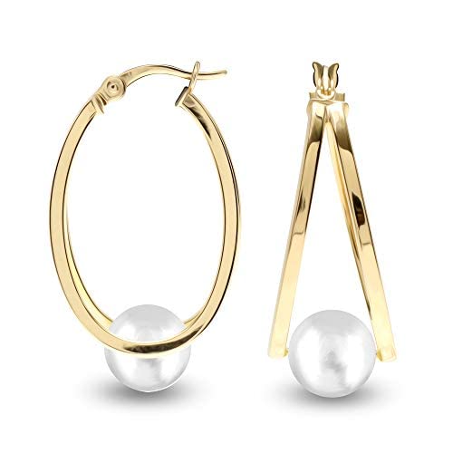 LeCalla 925 Sterling Silver Pearl Double Oval Hoop Earrings for Women