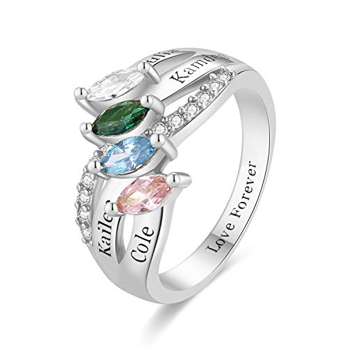 RESVIVI Customized Mother Name Rings with 2-6 Birthstones Engraving Personalized Stacking Family Mom Name Rings