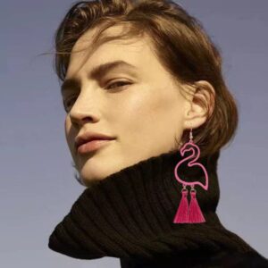 Tassel Pink Flamingo Exaggerated Long Dangle Earrings Retro Creative Hollow Fashion Cute Animal Bird Drop Earrings Boho Trendy Elegant Handmade Flamingo Shape Jewelry for Women -A