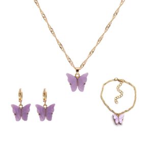 omgrei 3 pcs butterfly jewelry set cute acrylic butterfly pendant necklace earrings adjustable chain bohemian necklace for women boho jewelry valentine's day gifts (purple)