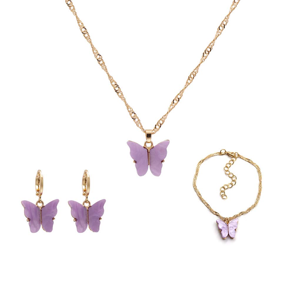 OMGREI 3 Pcs Butterfly Jewelry Set Cute Acrylic Butterfly Pendant Necklace Earrings Adjustable Chain Bohemian Necklace for Women Boho Jewelry Valentine's Day Gifts (Purple)