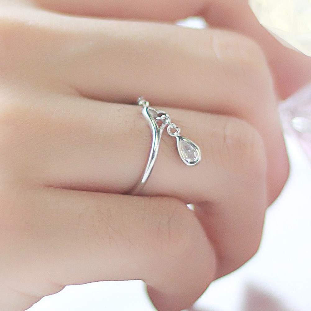 SEniutarm Engagement Love Rings Wedding Bands Adjustable Chain Teardrop Cubic Zirconia CZ Hollow Heart Opening Finger Ring for Women/Girl Finger Rings DIY Jewelry Gifts - Silver