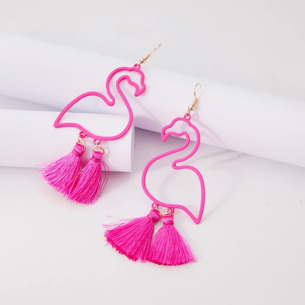 Tassel Pink Flamingo Exaggerated Long Dangle Earrings Retro Creative Hollow Fashion Cute Animal Bird Drop Earrings Boho Trendy Elegant Handmade Flamingo Shape Jewelry for Women -A