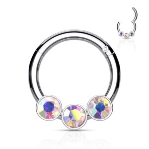 Pierced Owl 16G Stainless Steel Triple Crystal Helix Cartilage Daith Septum Hinged Segment Ring (Silver Tone/Aurora Borealis)