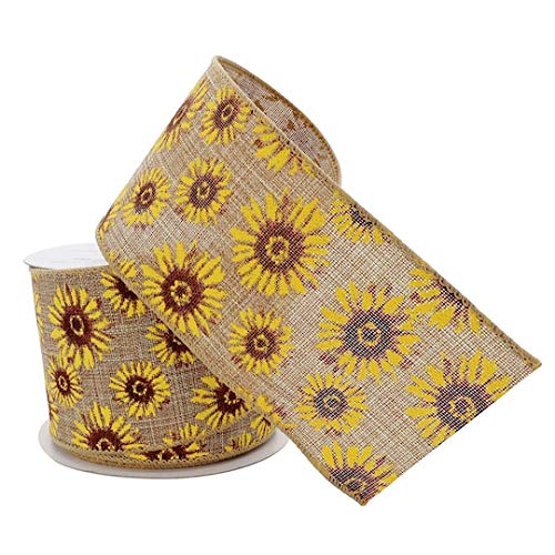 2.5" Faux Linen Wired Sunflower Ribbon by Celebrate It Fall