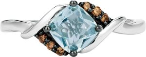 le vian 5/8 carat cushion cut blue aquamarine and chocolate diamond twist ring for women in 14k white gold (fancy brown, si1-si2) anniversary promise ring size 5.25