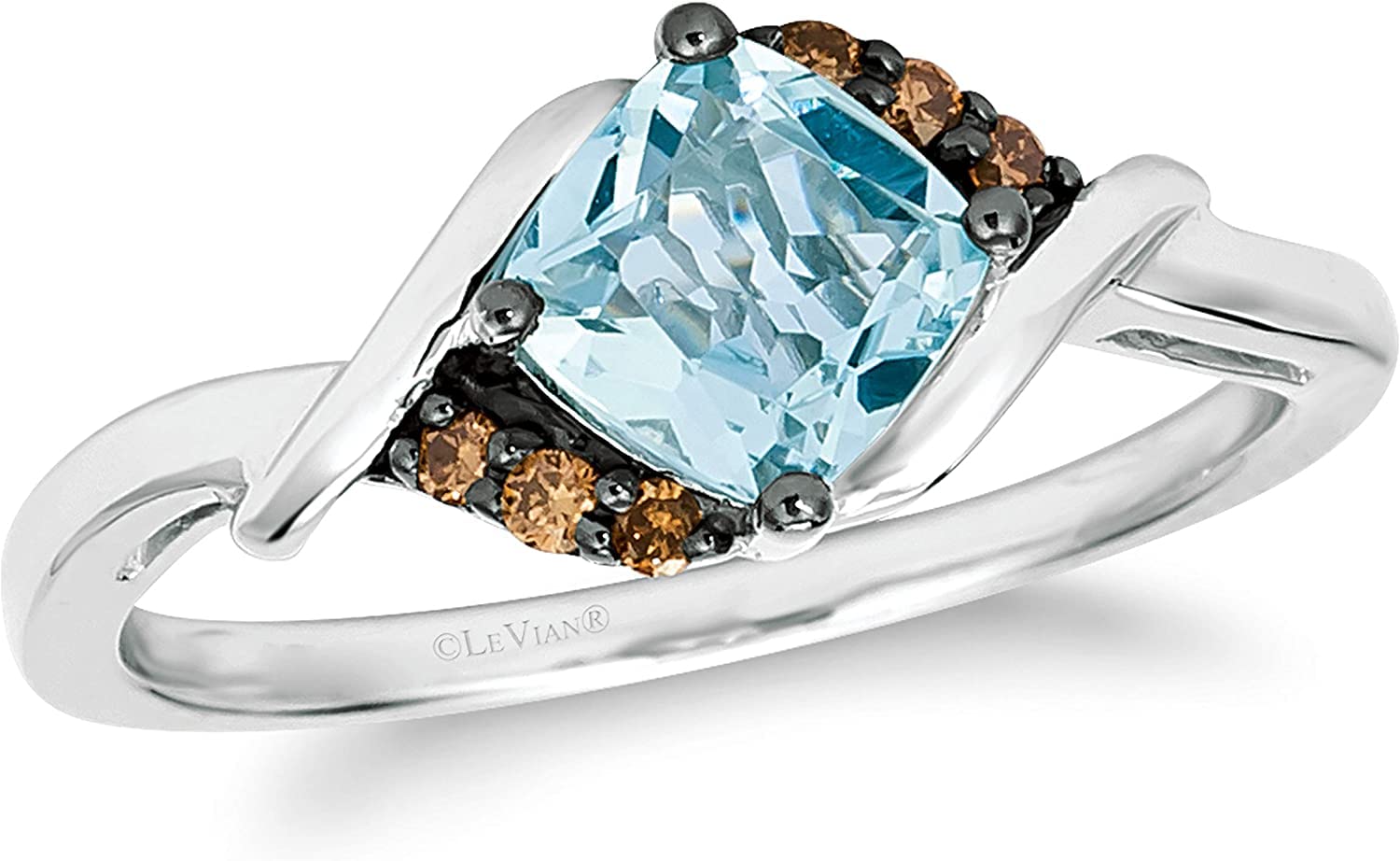 LE VIAN 5/8 Carat Cushion Cut Blue Aquamarine and Chocolate Diamond Twist Ring for Women in 14k White Gold (Fancy Brown, SI1-SI2) Anniversary Promise Ring Size 5.25