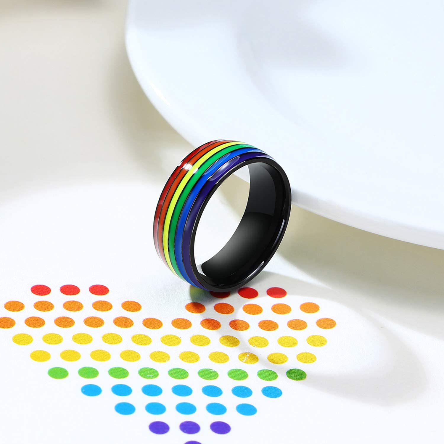 Nanafast 8mm Stainless Steel Enamel Rainbow LGBT Pride Ring for Lesbian & Gay LGBTQ Pride Wedding Engagement Band Black Size 7