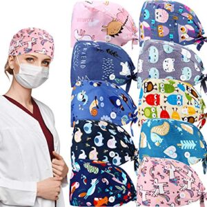 geyoga 10 pieces women bouffant caps with buttons adjustable hat breathable turban cap sweatband hats tie back