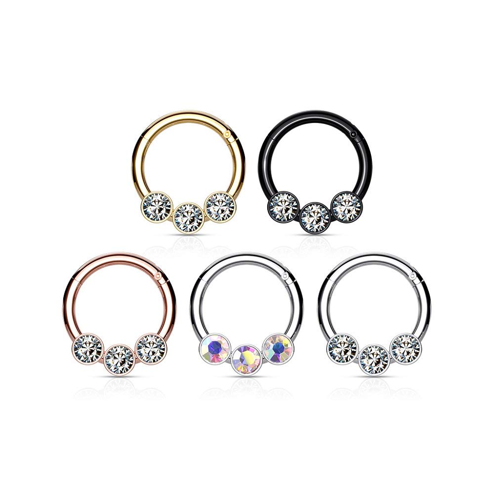 Pierced Owl 16G Stainless Steel Triple Crystal Helix Cartilage Daith Septum Hinged Segment Ring (Silver Tone/Aurora Borealis)