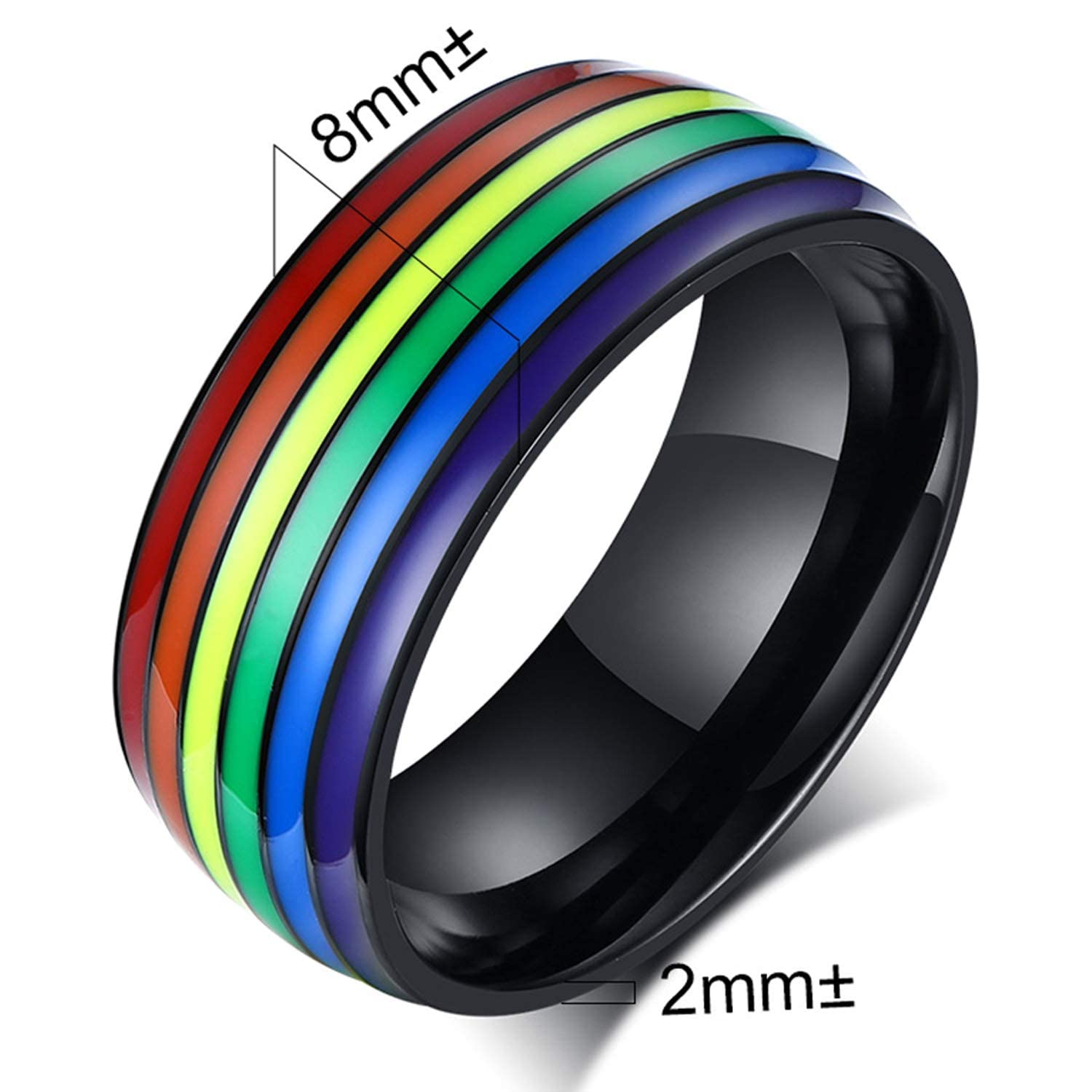 Nanafast 8mm Stainless Steel Enamel Rainbow LGBT Pride Ring for Lesbian & Gay LGBTQ Pride Wedding Engagement Band Black Size 7