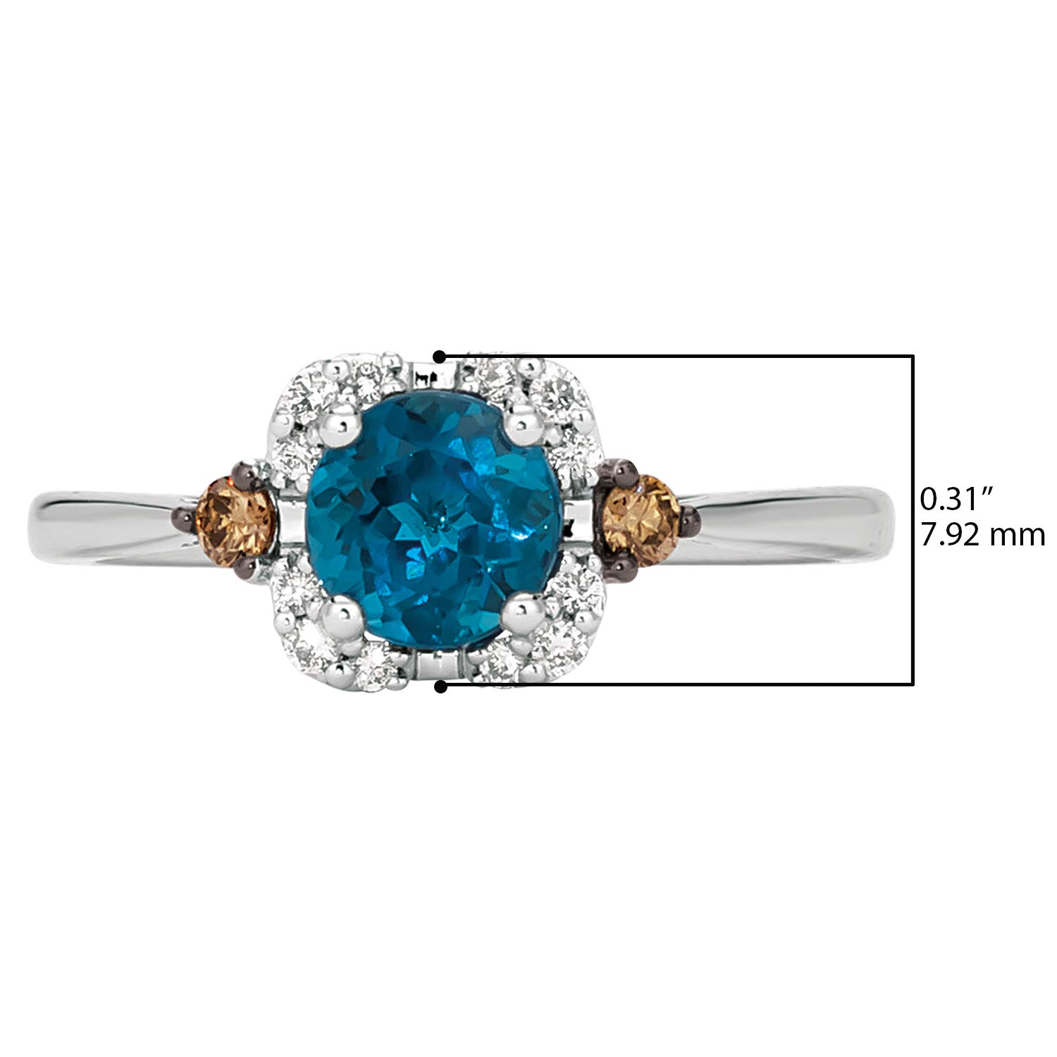 LE VIAN 14K White Gold 3/4 Ct Blue Topaz Ring 1/10 Cttw White/Chocolate Diamond Ring (G-H & Fancy Brown Color, VS2-SI1 & SI1-SI2 Clarity) Size 5-1/2