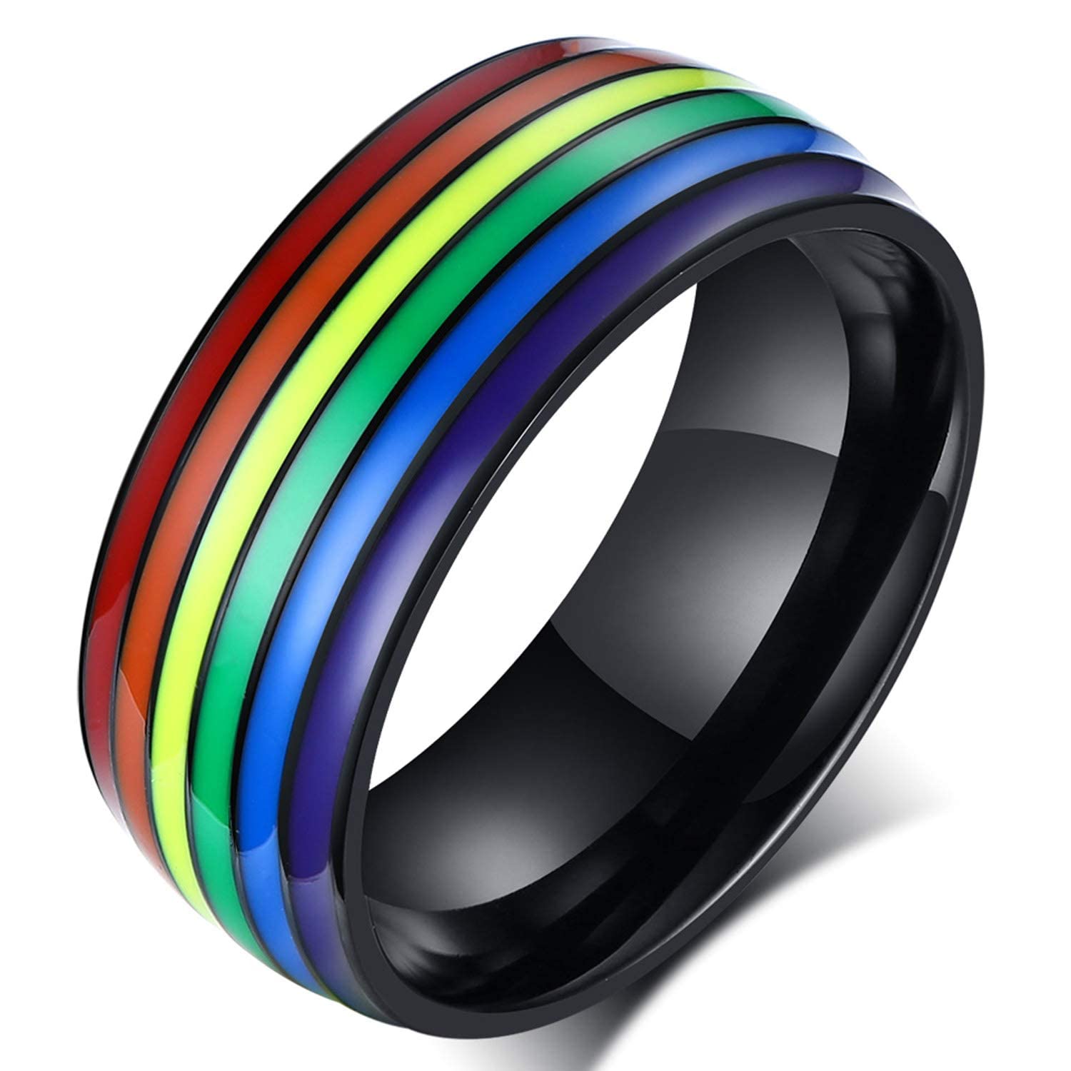 Nanafast 8mm Stainless Steel Enamel Rainbow LGBT Pride Ring for Lesbian & Gay LGBTQ Pride Wedding Engagement Band Black Size 7