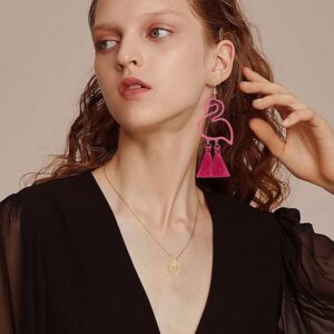 Tassel Pink Flamingo Exaggerated Long Dangle Earrings Retro Creative Hollow Fashion Cute Animal Bird Drop Earrings Boho Trendy Elegant Handmade Flamingo Shape Jewelry for Women -A