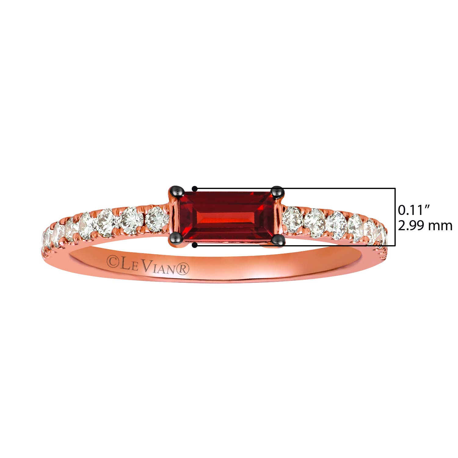 LeVian 14K Rose Gold Baguette Cut Red Garnet & 1/4 Cttw Diamond Ring (Champagne Color, SI1-SI2 Clarity) - Size 6-3/4