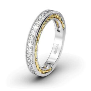 jeulia two tone scrollwork sterling silver women's band custom engraved ring for engagement anniversary wedding with gift box (yellow gold, 6.5)