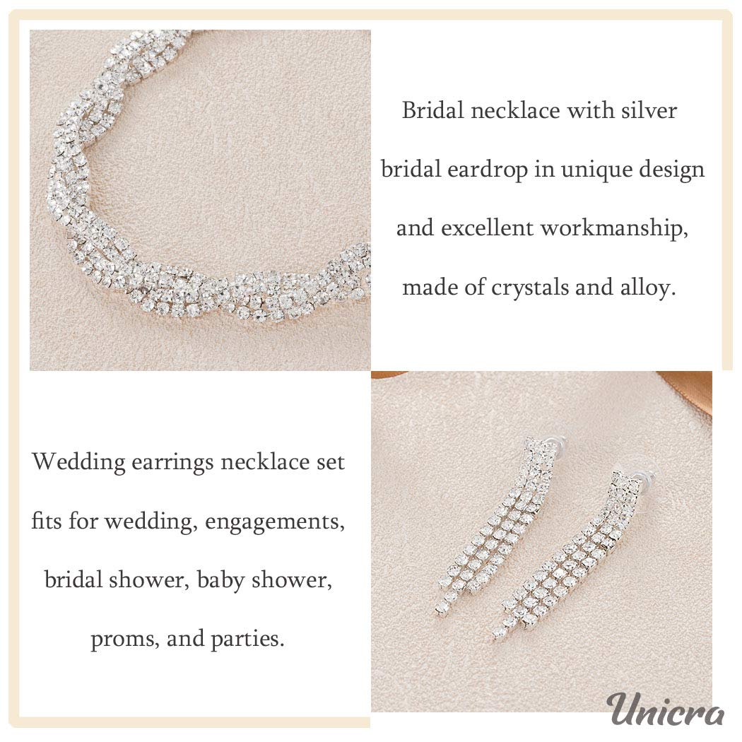 Unicra Bride Silver Necklace Earrings Set Crystal Bridal Wedding Jewelry Rhinestone Bridesmaid Party Choker Drop Dangle for Women and Brides