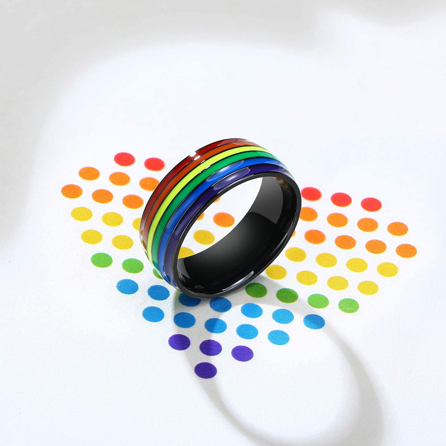 Nanafast 8mm Stainless Steel Enamel Rainbow LGBT Pride Ring for Lesbian & Gay LGBTQ Pride Wedding Engagement Band Black Size 7