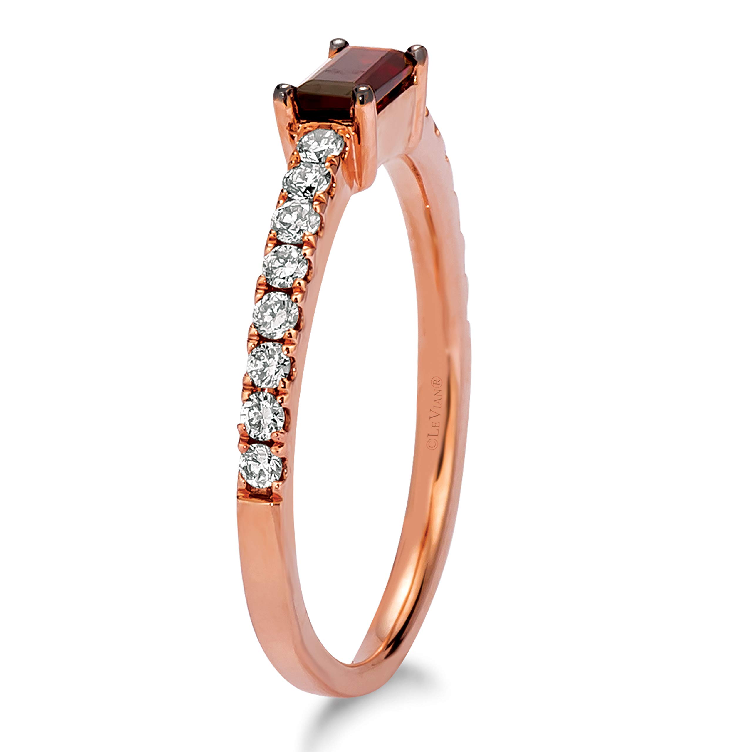 LeVian 14K Rose Gold Baguette Cut Red Garnet & 1/4 Cttw Diamond Ring (Champagne Color, SI1-SI2 Clarity) - Size 6-3/4