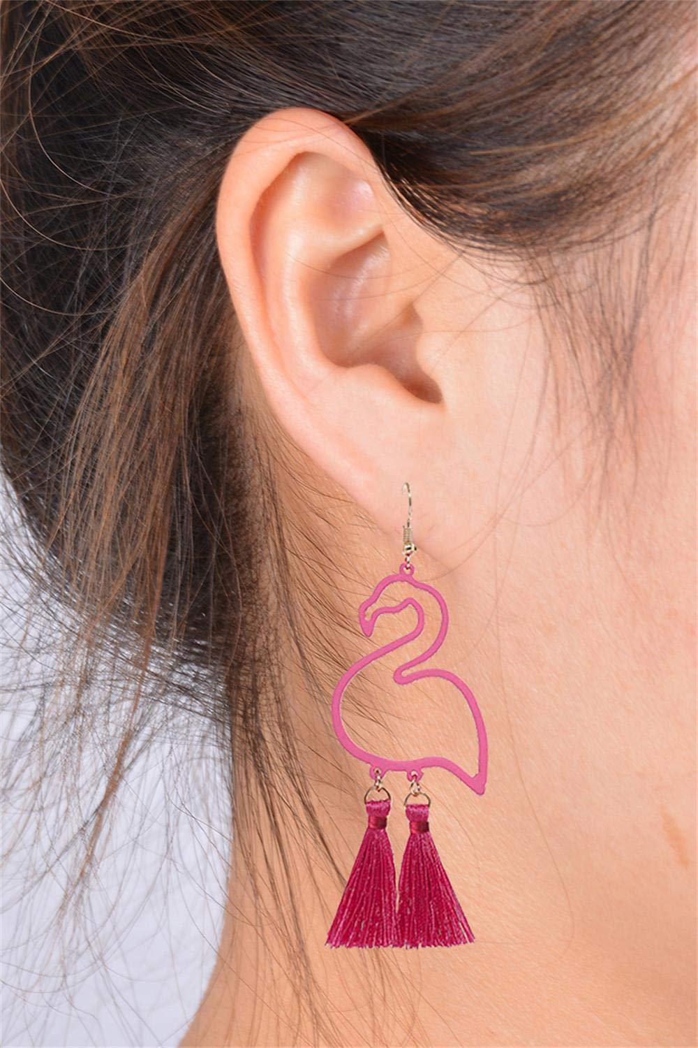 Tassel Pink Flamingo Exaggerated Long Dangle Earrings Retro Creative Hollow Fashion Cute Animal Bird Drop Earrings Boho Trendy Elegant Handmade Flamingo Shape Jewelry for Women -A