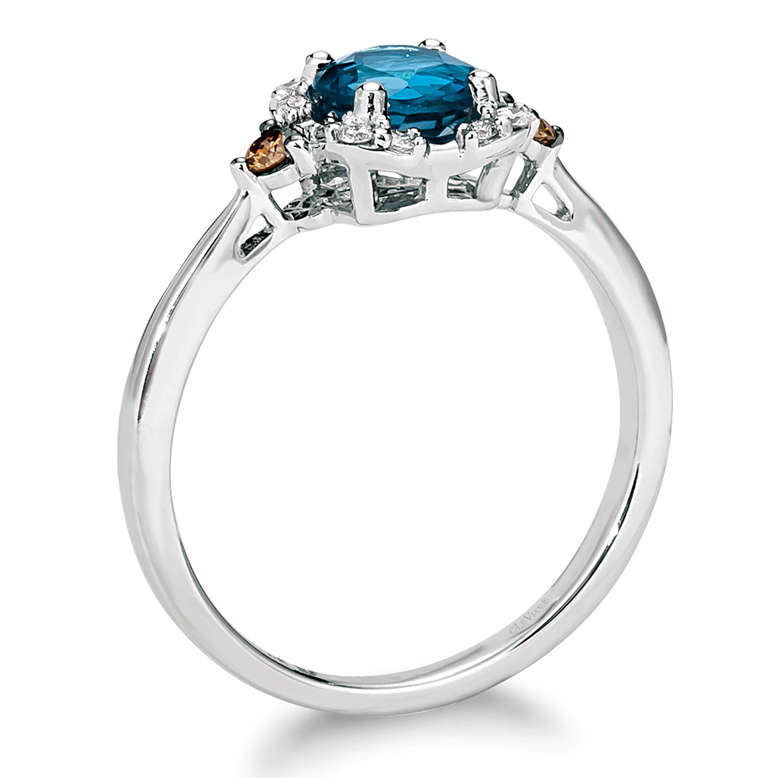 LE VIAN 14K White Gold 3/4 Ct Blue Topaz Ring 1/10 Cttw White/Chocolate Diamond Ring (G-H & Fancy Brown Color, VS2-SI1 & SI1-SI2 Clarity) Size 5-1/2