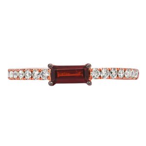 levian 14k rose gold baguette cut red garnet & 1/4 cttw diamond ring (champagne color, si1-si2 clarity) - size 6-3/4