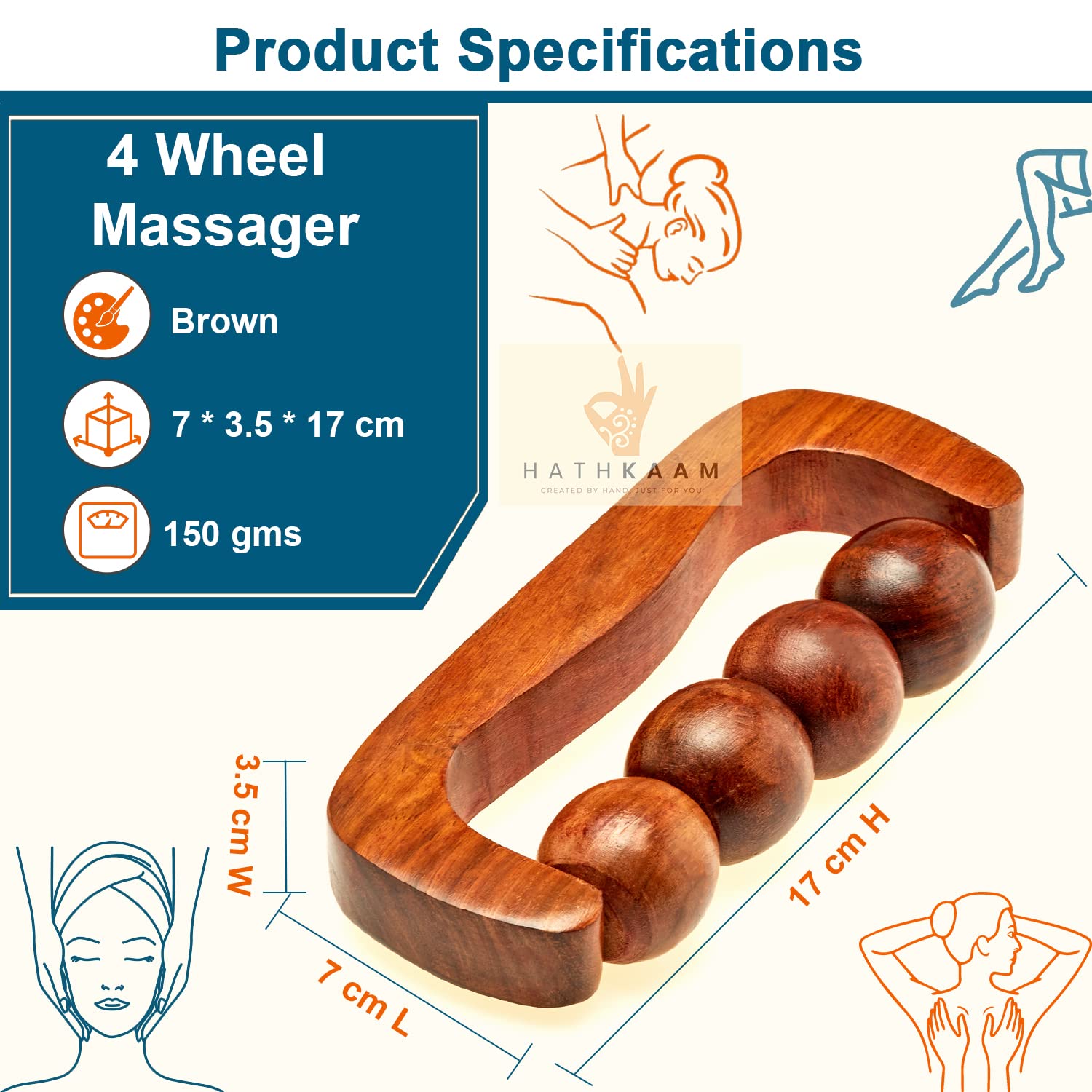 Hathkaam Wooden Massage Roller, 7" Rosewood Unisex Handheld Massager Roller for Full Body Pain Relief, Back, Neck & Shoulder, Pain Acupressure Deep Tissue 4 Wheel Massage Therapy Equipment