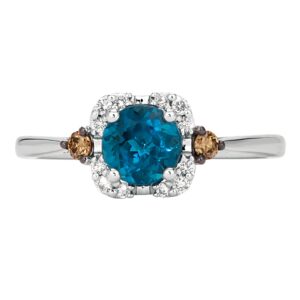 le vian 14k white gold 3/4 ct blue topaz ring 1/10 cttw white/chocolate diamond ring (g-h & fancy brown color, vs2-si1 & si1-si2 clarity) size 5-1/2