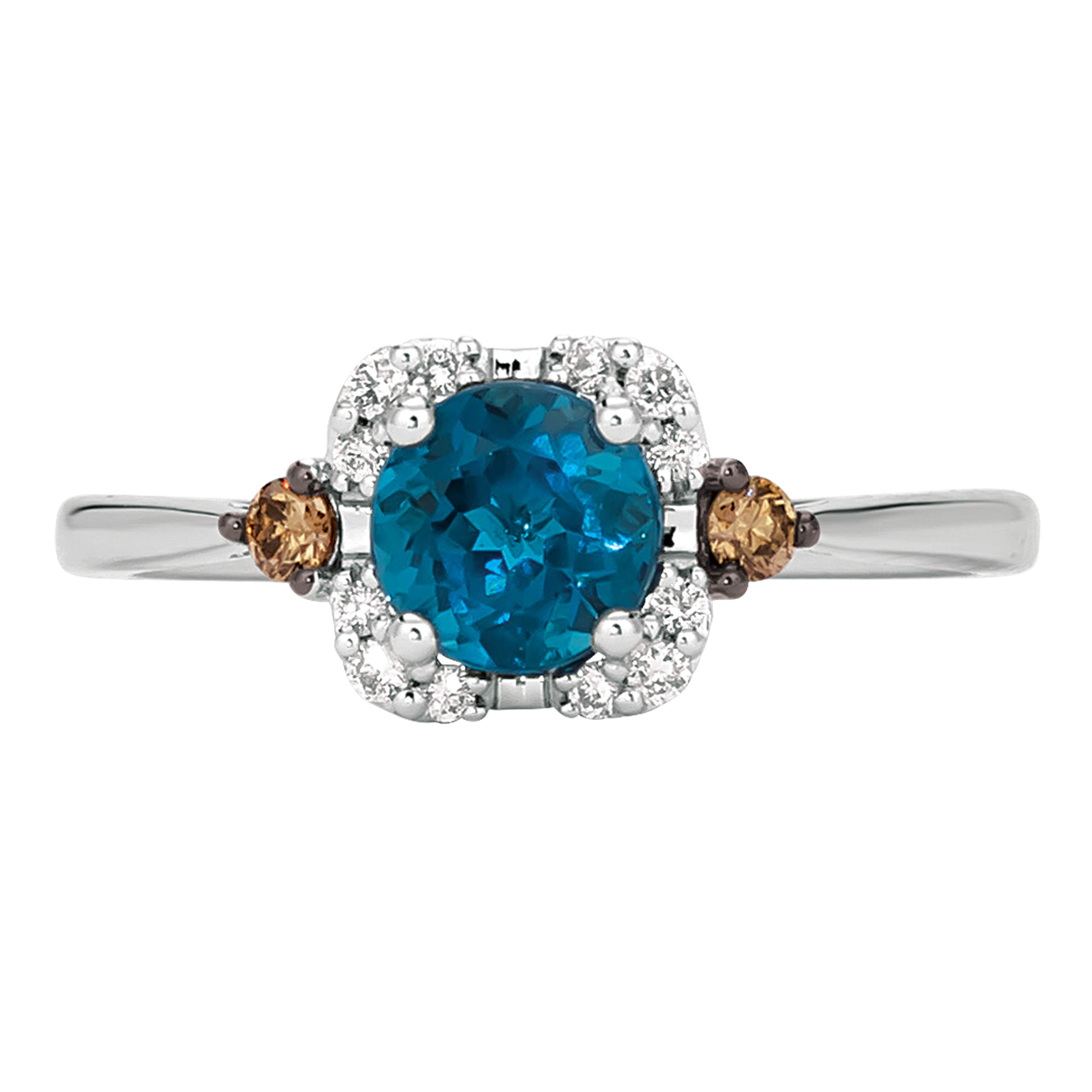 LE VIAN 14K White Gold 3/4 Ct Blue Topaz Ring 1/10 Cttw White/Chocolate Diamond Ring (G-H & Fancy Brown Color, VS2-SI1 & SI1-SI2 Clarity) Size 5-1/2