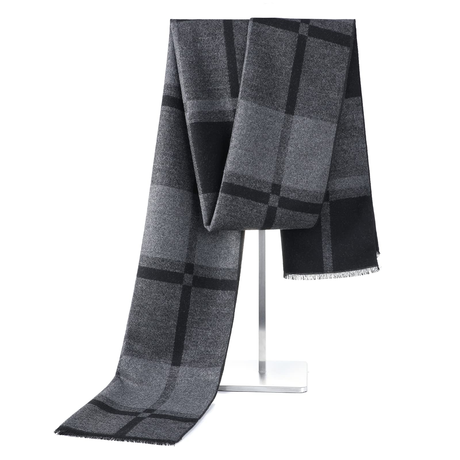 American Trends Mens Winter Warm Cashmere Scarf Plaid Tassel Scarf for Men Soft Long Cotton Scarves Black Grey Square