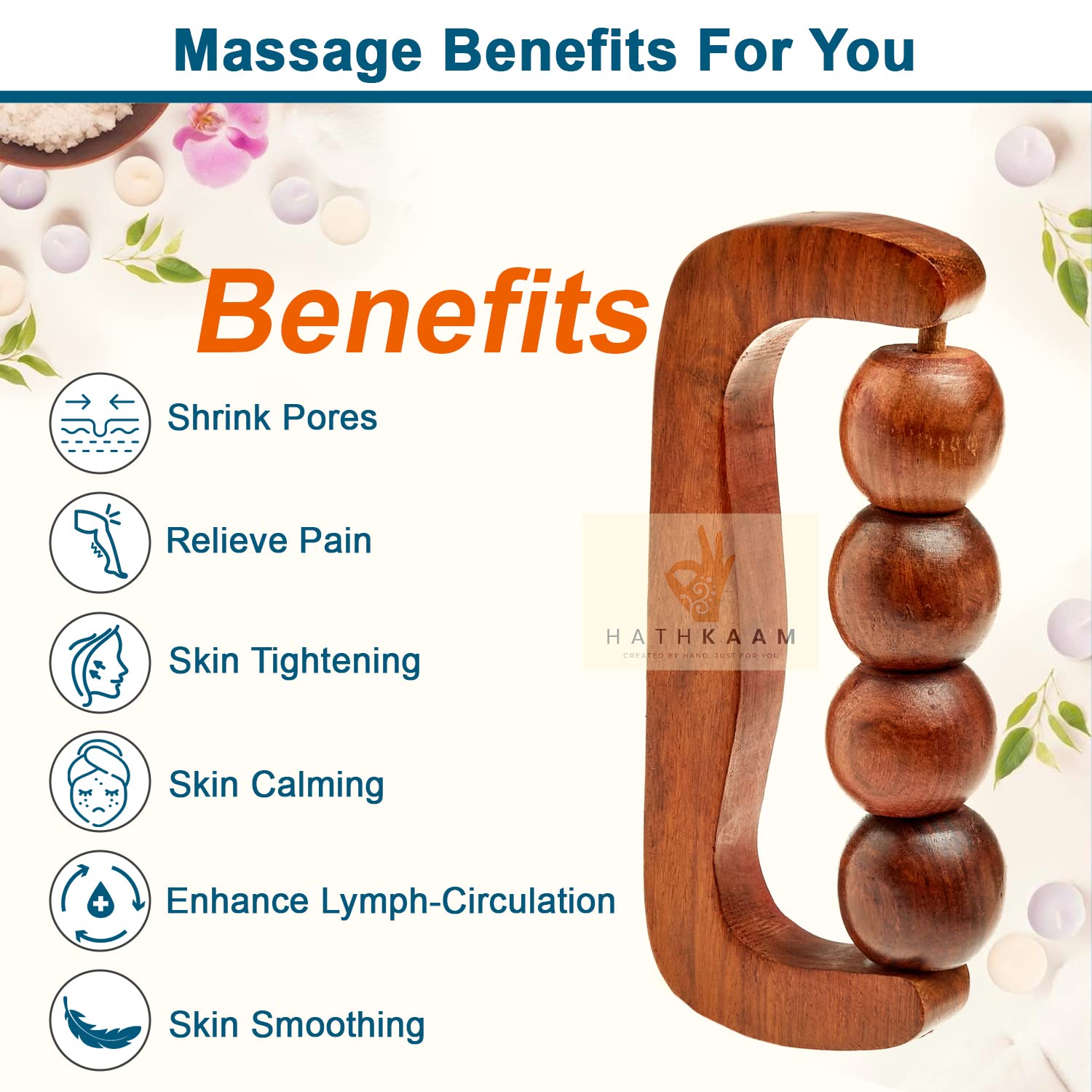 Hathkaam Wooden Massage Roller, 7" Rosewood Unisex Handheld Massager Roller for Full Body Pain Relief, Back, Neck & Shoulder, Pain Acupressure Deep Tissue 4 Wheel Massage Therapy Equipment