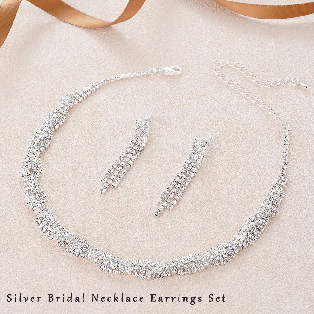 Unicra Bride Silver Necklace Earrings Set Crystal Bridal Wedding Jewelry Rhinestone Bridesmaid Party Choker Drop Dangle for Women and Brides