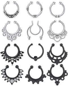 qwalit fake septum jewelry faux septum rings hoop face septum hoops surgical stainless steel non piercing septum nose rings for men women silver black 8mm 10mm