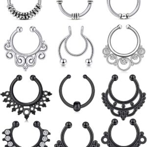 QWALIT Fake Septum Jewelry Faux Septum Rings Hoop Face Septum hoops Surgical Stainless Steel Non Piercing Septum nose Rings for Men Women Silver Black 8mm 10mm