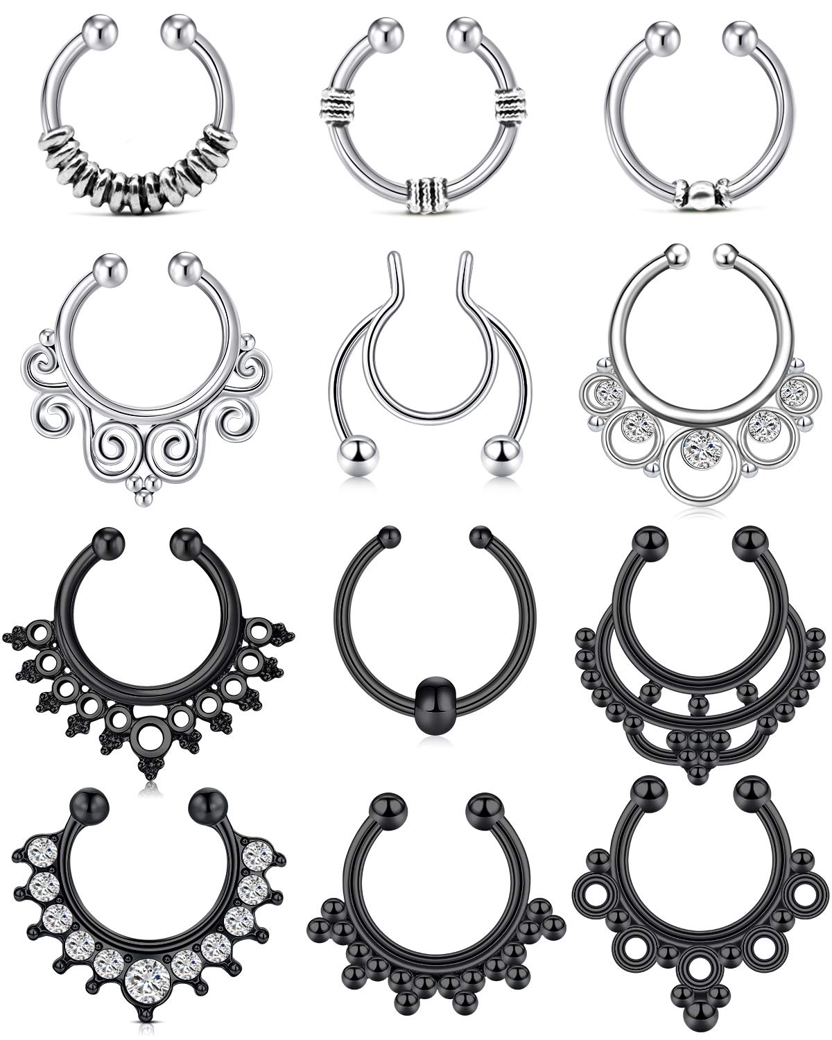 QWALIT Fake Septum Jewelry Faux Septum Rings Hoop Face Septum hoops Surgical Stainless Steel Non Piercing Septum nose Rings for Men Women Silver Black 8mm 10mm