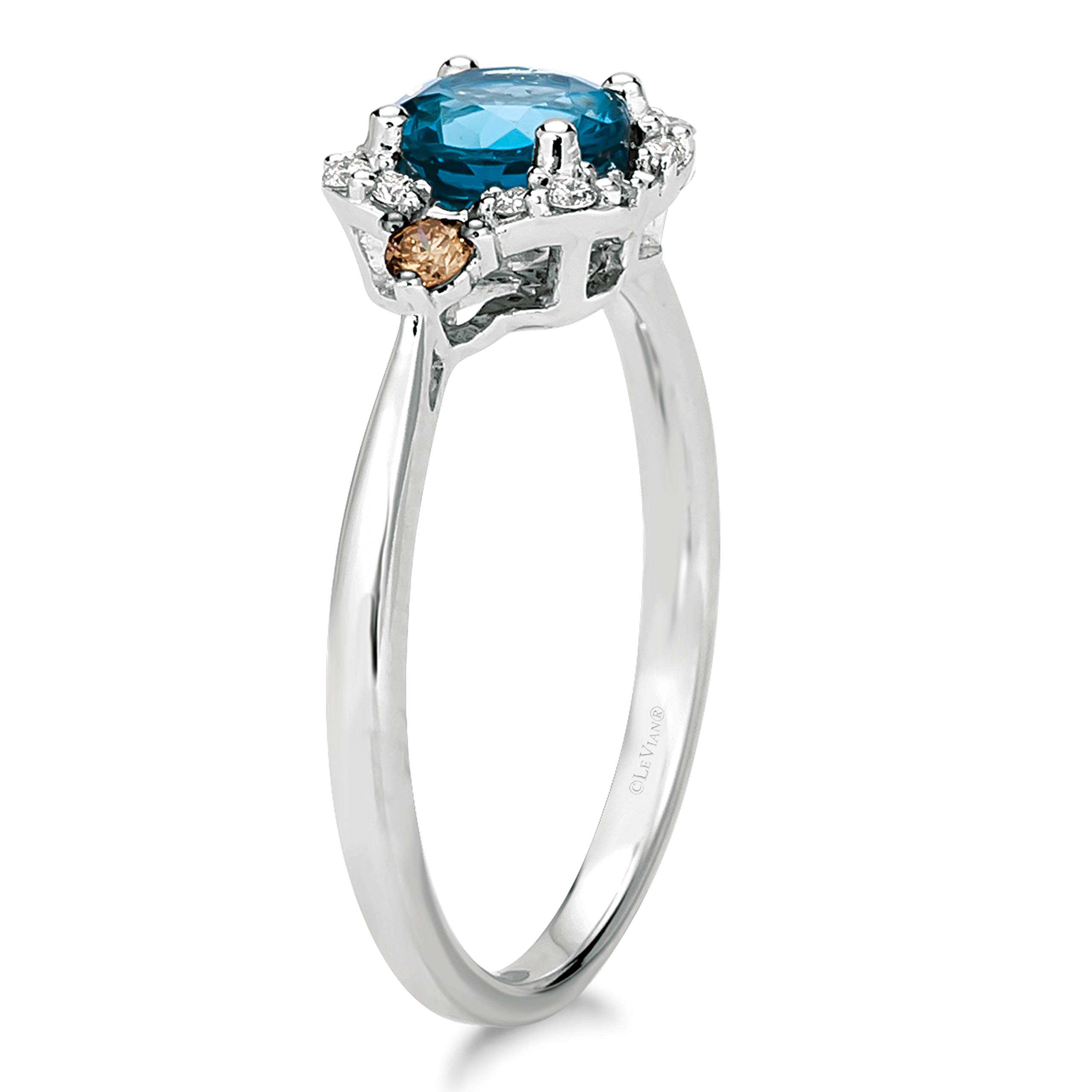 LE VIAN 14K White Gold 3/4 Ct Blue Topaz Ring 1/10 Cttw White/Chocolate Diamond Ring (G-H & Fancy Brown Color, VS2-SI1 & SI1-SI2 Clarity) Size 5-1/2