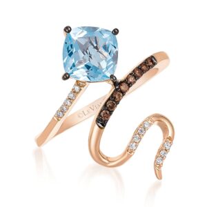 le vian 1/10 carat diamond and 1 1/5 carat cushion cut blue aquamarine snake ring for women in 14k rose gold (fancy brown/g-h, vs2-si1, cttw) promise anniversary ring size 6.5