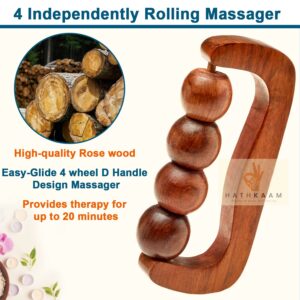 Hathkaam Wooden Massage Roller, 7" Rosewood Unisex Handheld Massager Roller for Full Body Pain Relief, Back, Neck & Shoulder, Pain Acupressure Deep Tissue 4 Wheel Massage Therapy Equipment