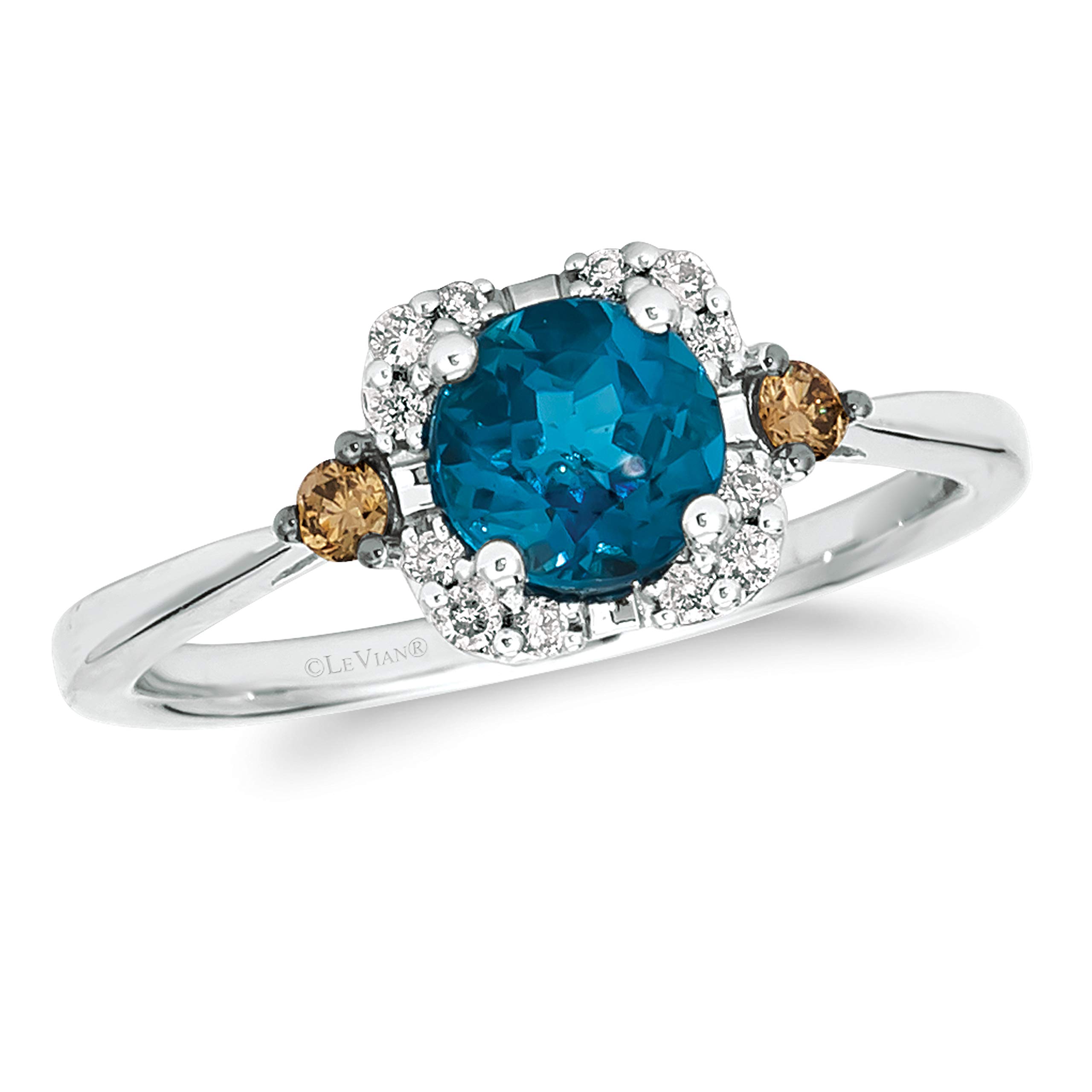 LE VIAN 14K White Gold 3/4 Ct Blue Topaz Ring 1/10 Cttw White/Chocolate Diamond Ring (G-H & Fancy Brown Color, VS2-SI1 & SI1-SI2 Clarity) Size 5-1/2