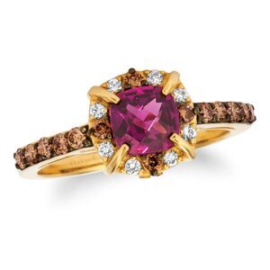 le vian 2/5 carat diamond and 0.90 carat cushion cut garnet halo ring for women in 14k yellow gold (brown/h-i, si1-si2 / vs2-si1, cttw) promise anniversary ring size 7.25