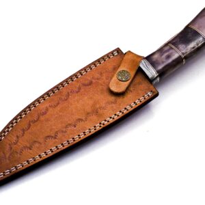 Nooraki BK-30 Handmade Damascus Steel Fixed Blade Bowie Knife with Leather Sheath, Multipurpose Knife with Camel Bone Brass Spicer Handle for Everyday Carry, Camping, Hunting, 12.5" Length