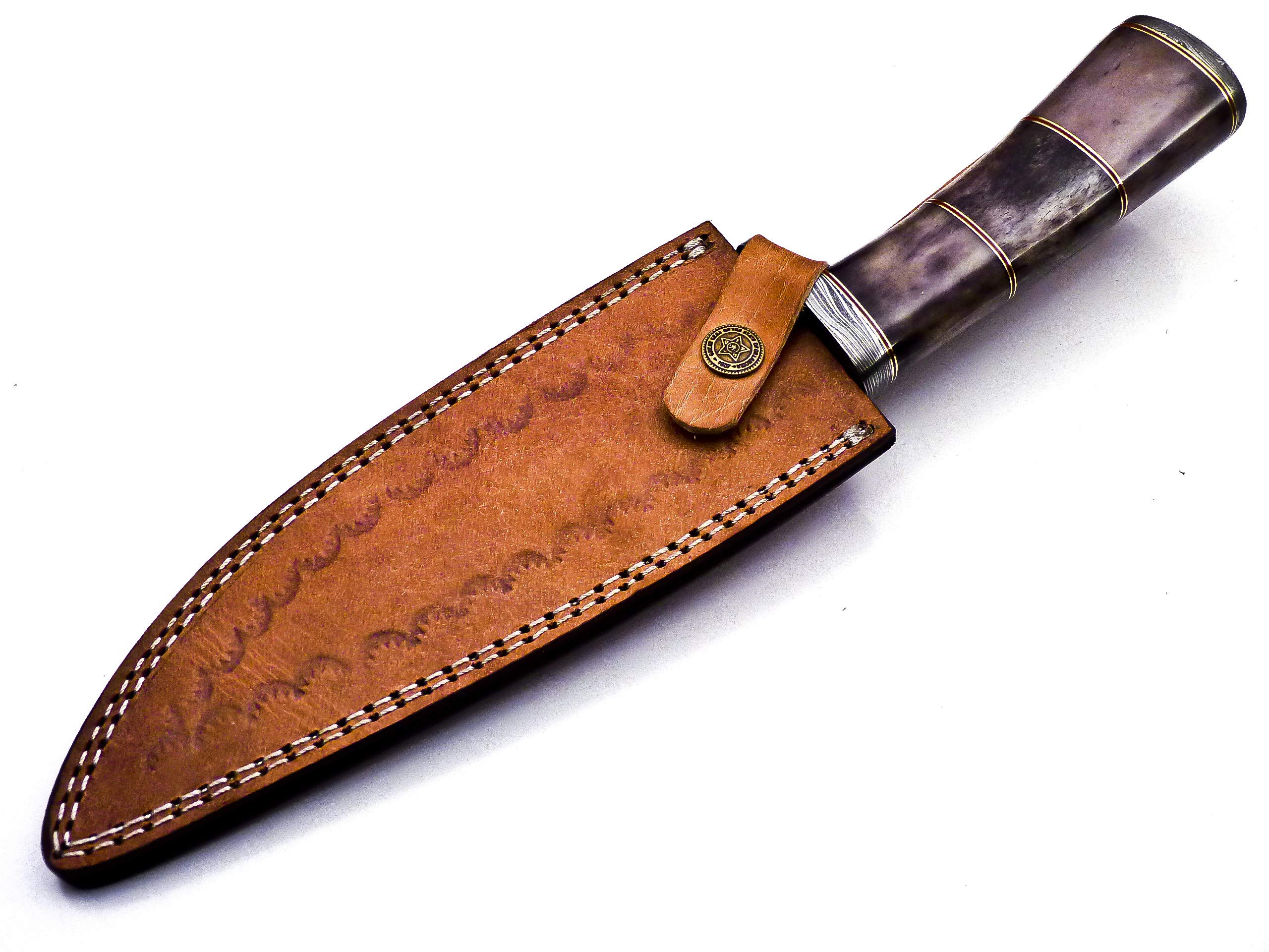 Nooraki BK-30 Handmade Damascus Steel Fixed Blade Bowie Knife with Leather Sheath, Multipurpose Knife with Camel Bone Brass Spicer Handle for Everyday Carry, Camping, Hunting, 12.5" Length