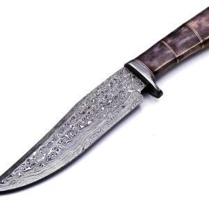 Nooraki BK-30 Handmade Damascus Steel Fixed Blade Bowie Knife with Leather Sheath, Multipurpose Knife with Camel Bone Brass Spicer Handle for Everyday Carry, Camping, Hunting, 12.5" Length