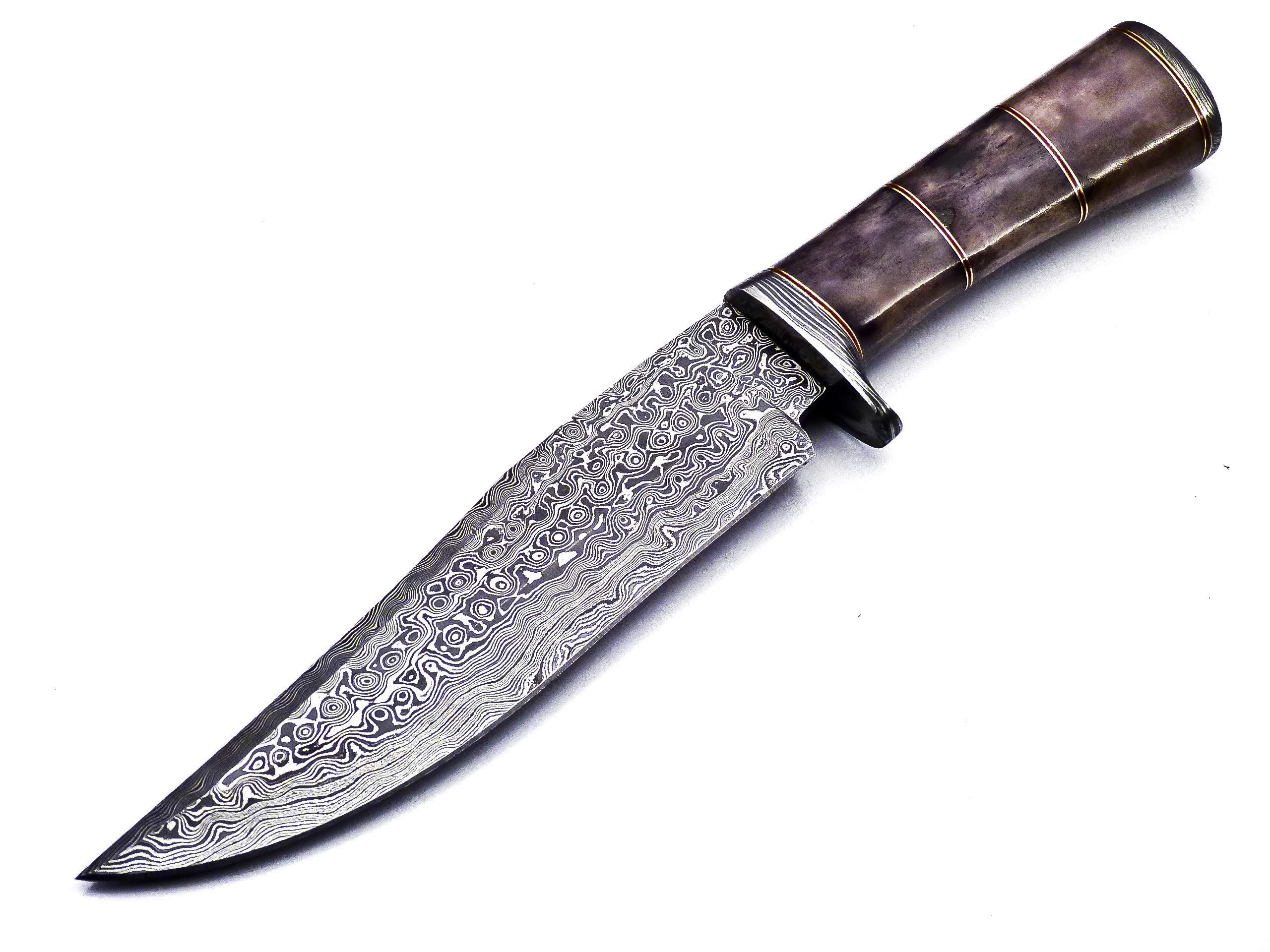 Nooraki BK-30 Handmade Damascus Steel Fixed Blade Bowie Knife with Leather Sheath, Multipurpose Knife with Camel Bone Brass Spicer Handle for Everyday Carry, Camping, Hunting, 12.5" Length