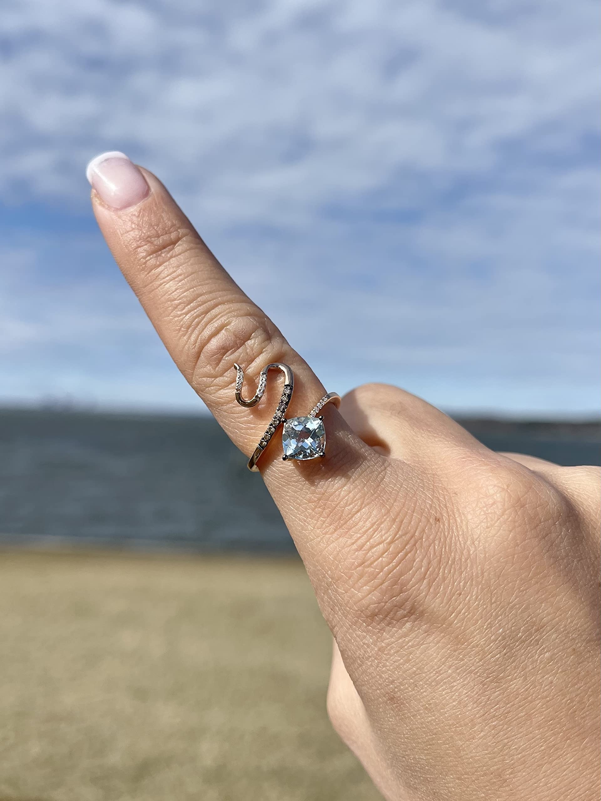 LE VIAN 1/10 Carat Diamond and 1 1/5 Carat Cushion Cut Blue Aquamarine Snake Ring for Women in 14k Rose Gold (Fancy Brown/G-H, VS2-SI1, cttw) Promise Anniversary Ring Size 6.5